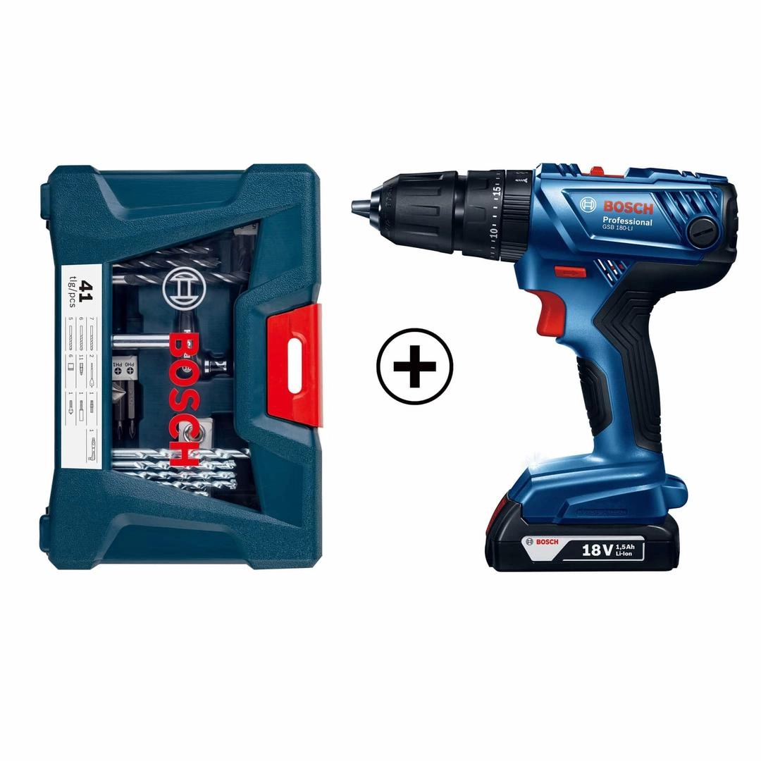 Bosch Cordless Drill Machine, GSB 180-LI + Tool Box Set (41 Pc.) - ACE